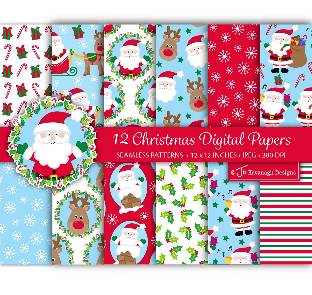 Christmas Digital Paper, Christmas Patterns, Santa Digital Papers ...