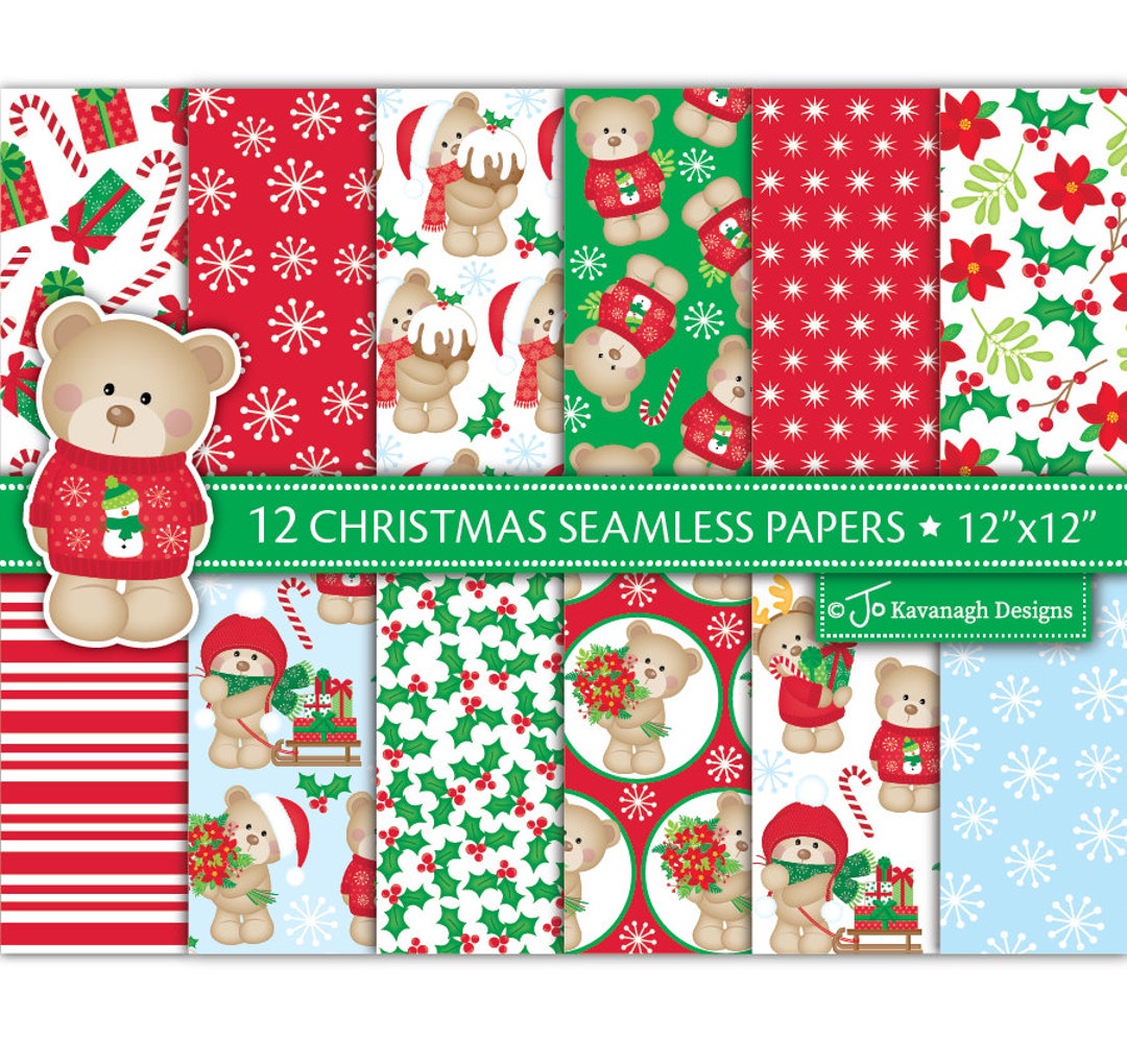 Christmas Digital Papers,christmas Cute Bear Papers,christmas Scrapbook ...