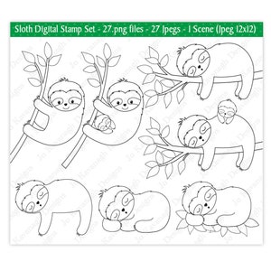 Sloth Digital Stamps, Cute Sloth Digital Stamps, Sleepy Sloths, Sloth ...