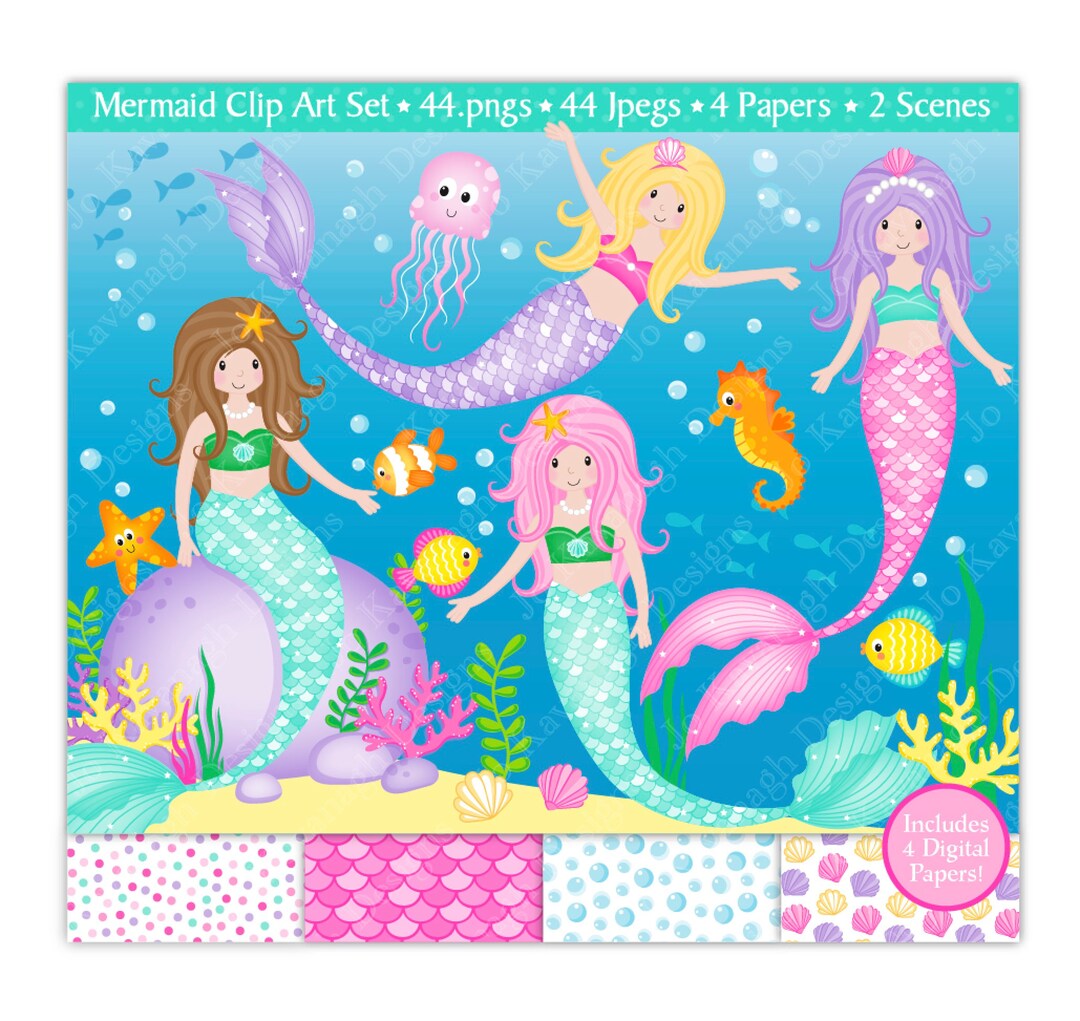 Mermaids Clipart & Digital Papers Set,mermaid Clip Art,under the Sea ...