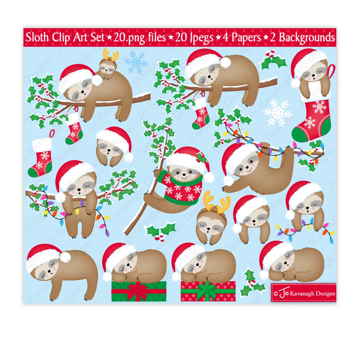 Christmas Sloth Clipart Cute Christmas Sloth Sleepy Sloths | Etsy