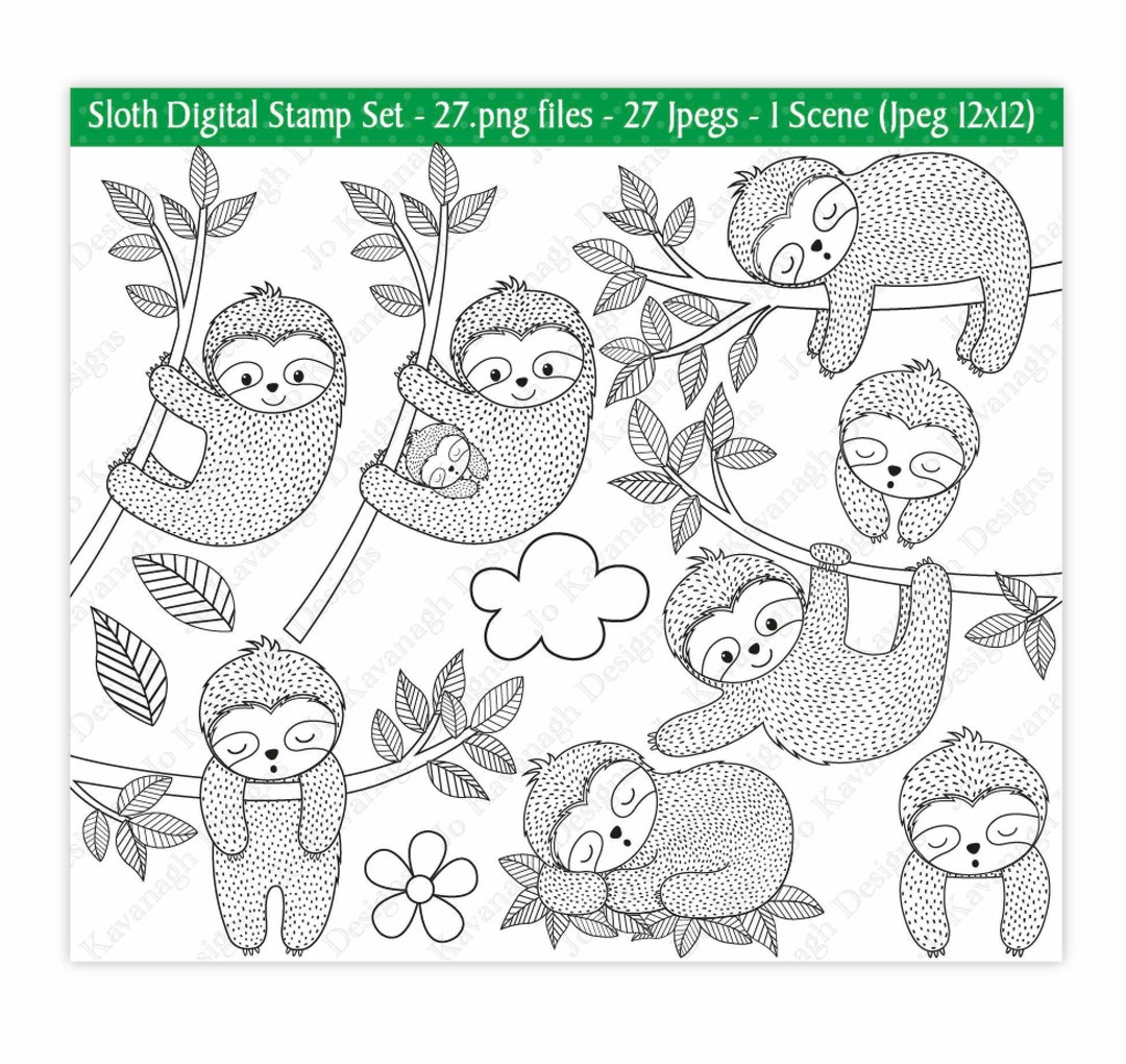 Sloth Digital Stamps, Cute Sloth Digital Stamps, Sleepy Sloths, Sloth ...