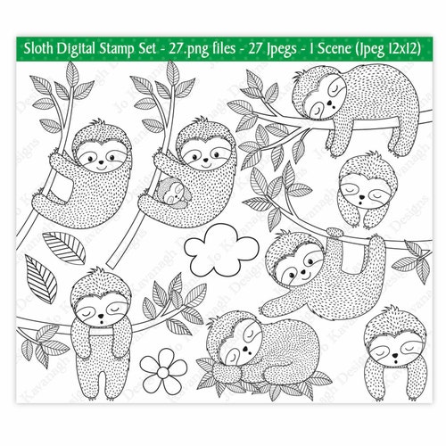Sloth Digital Stamps Cute Sloth Digital Stamps Sleepy - Etsy