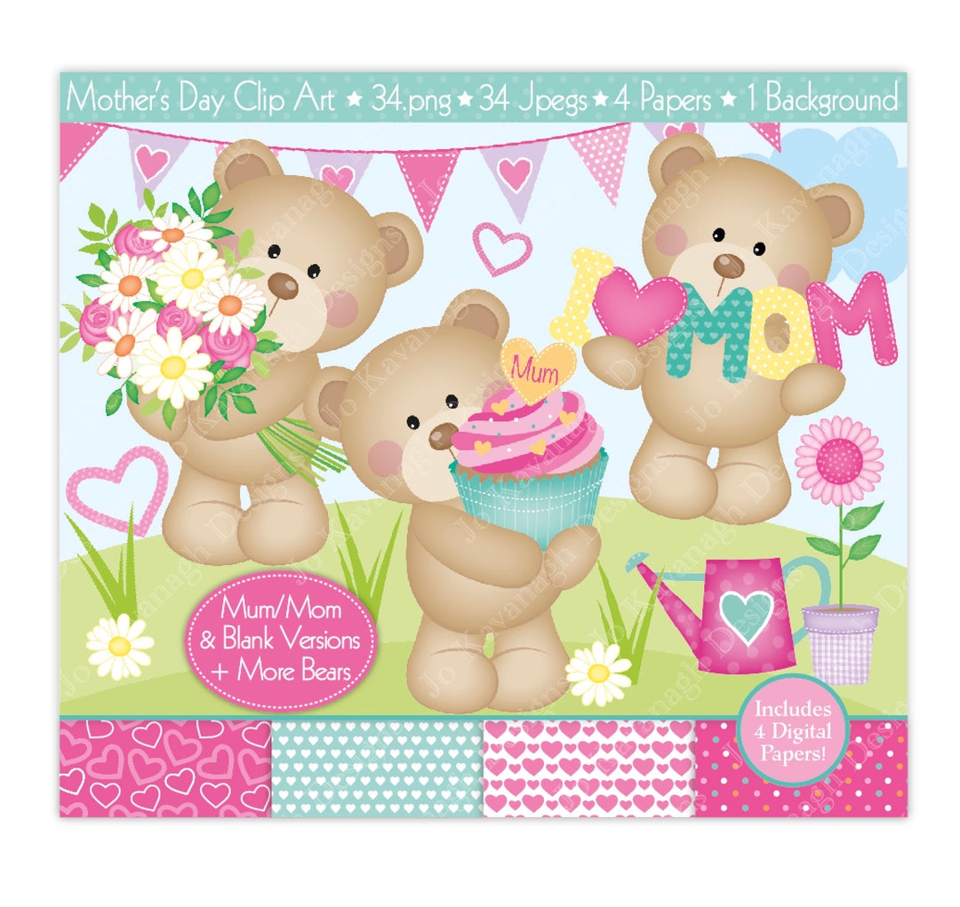 Mothers Day Clipart,heart Bear Digital Papers,bear Clipart,bear Clip ...