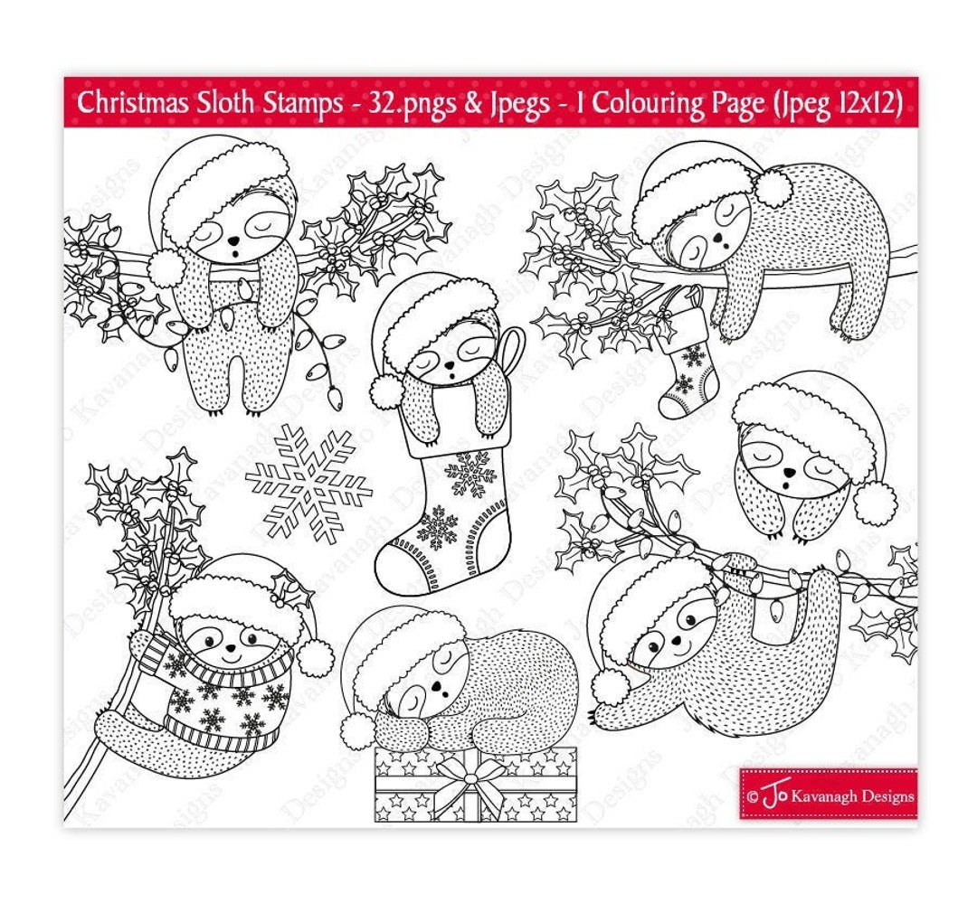 Christmas Sloth Digital Stamps, Christmas, Cute Sloth Digital Stamps ...