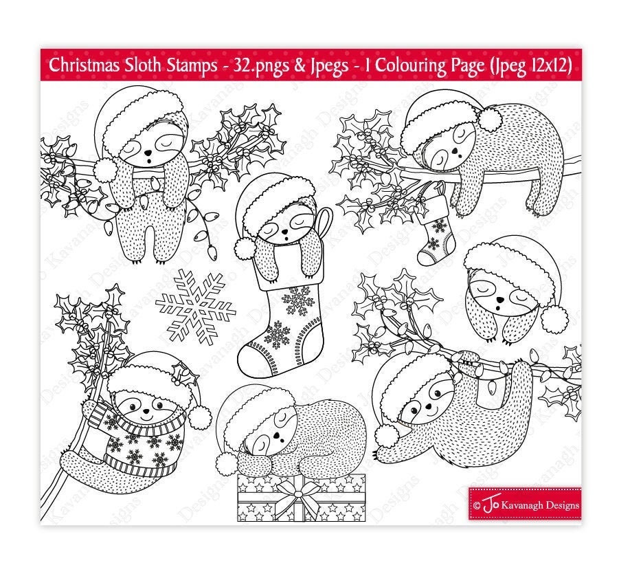 Christmas Sloth Digital Stamps Christmas Cute Sloth Digital | Etsy