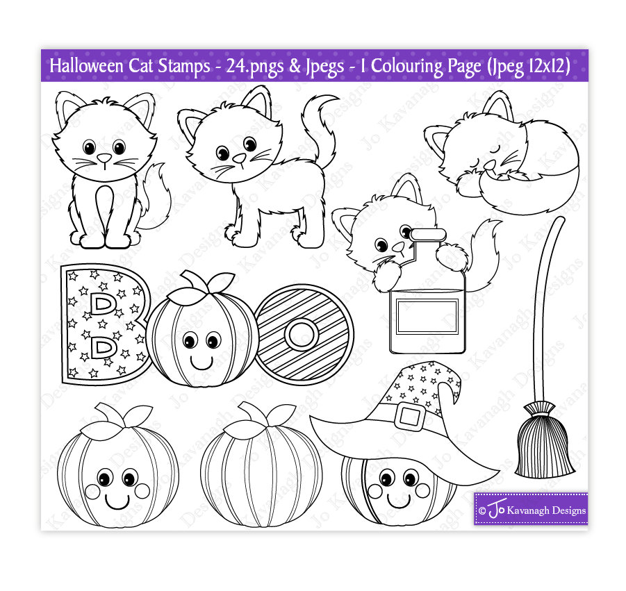 Halloween Digital Stamps, Halloween Cat Digital Stamps, Cat Digital ...