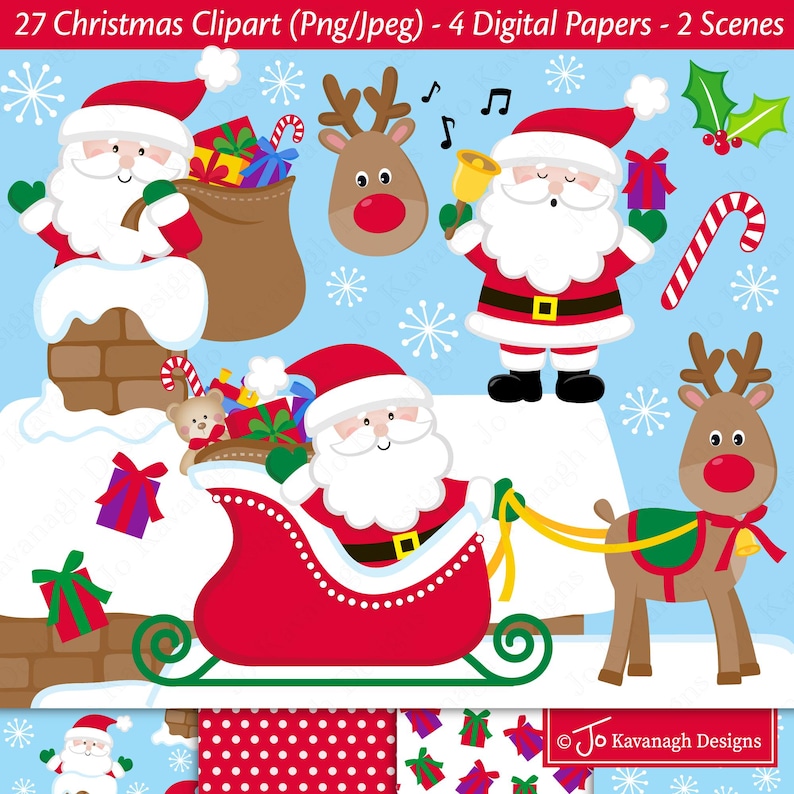 Cute Christmas Clipart - Christmas Png - Santa - Reindeer - Sleigh ...