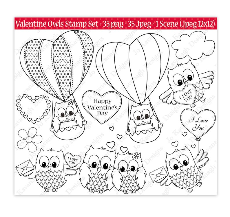 Valentine Digital Stampsdigital Stampsvalentine Owl Digital | Etsy