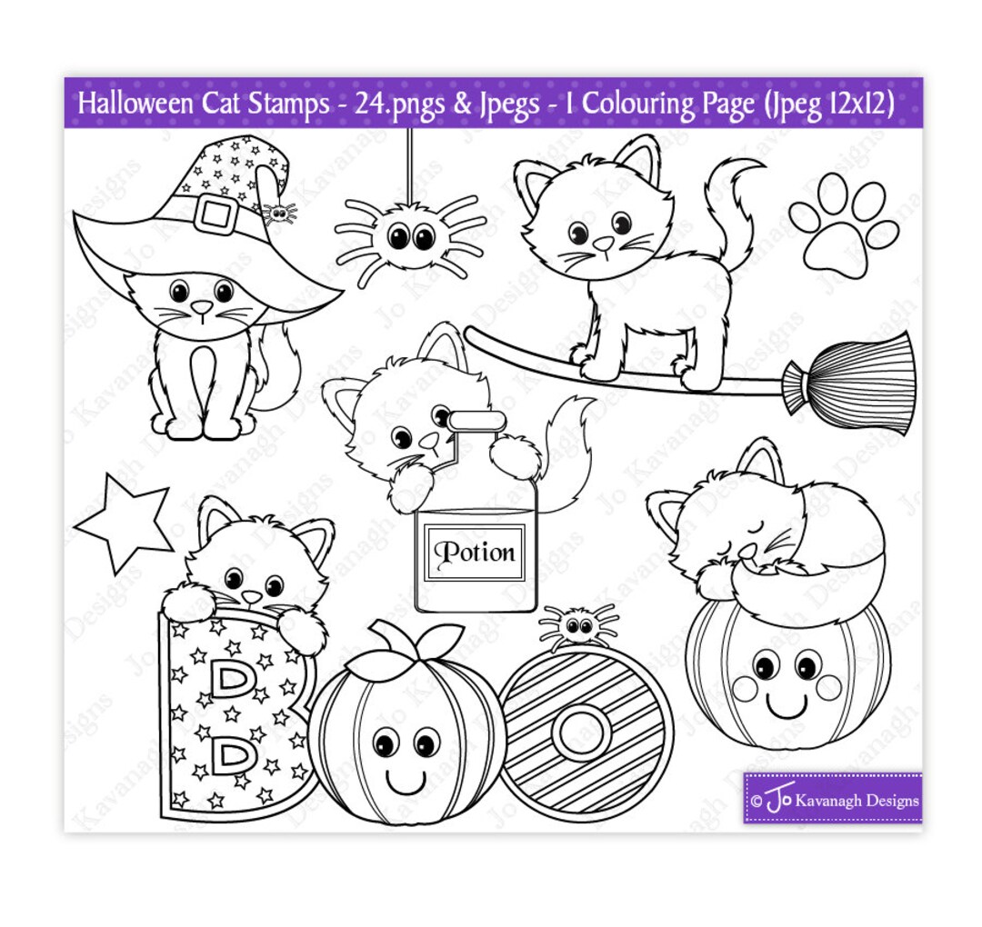 Halloween Digital Stamps, Halloween Cat Digital Stamps, Cat Digital ...