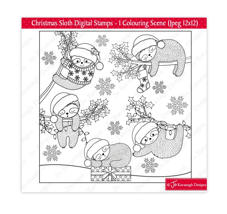 Christmas Sloth Digital Stamps, Christmas, Cute Sloth Digital Stamps ...
