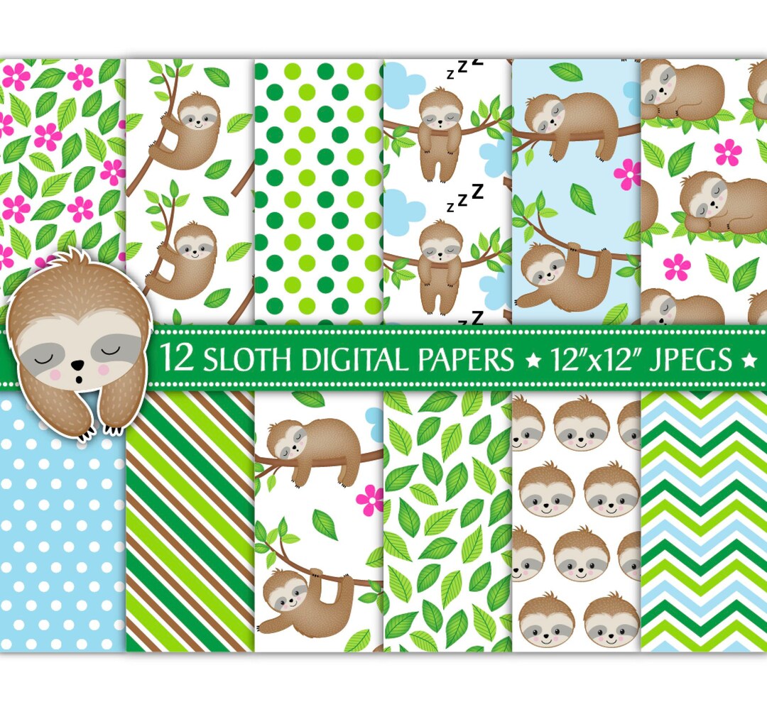 Sloth Digital Papers, Cute Sloth Papers, Sloth Paper Pack, Sloth ...