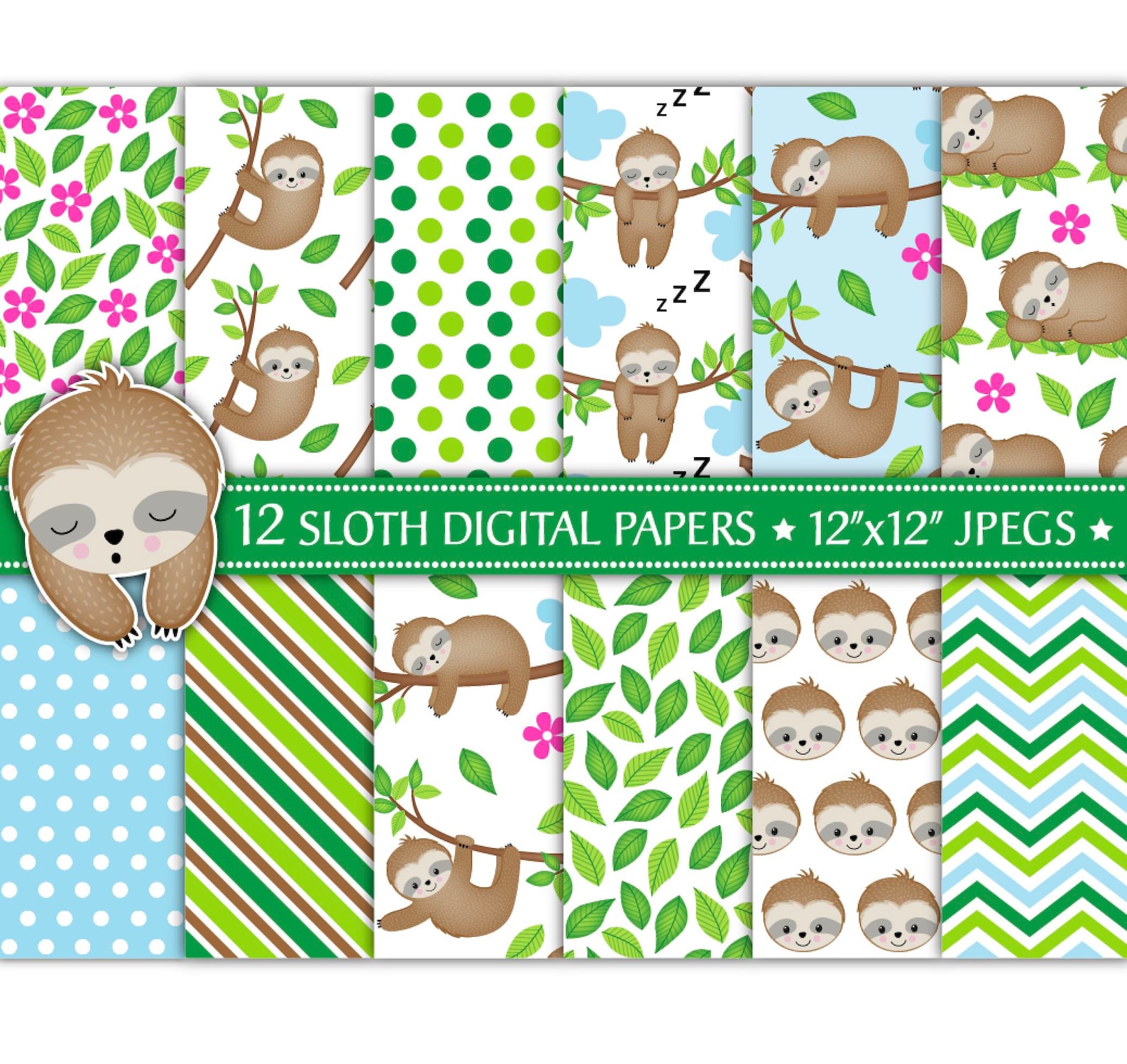 Sloth Digital Papers Cute Sloth Papers Sloth Paper Pack - Etsy UK