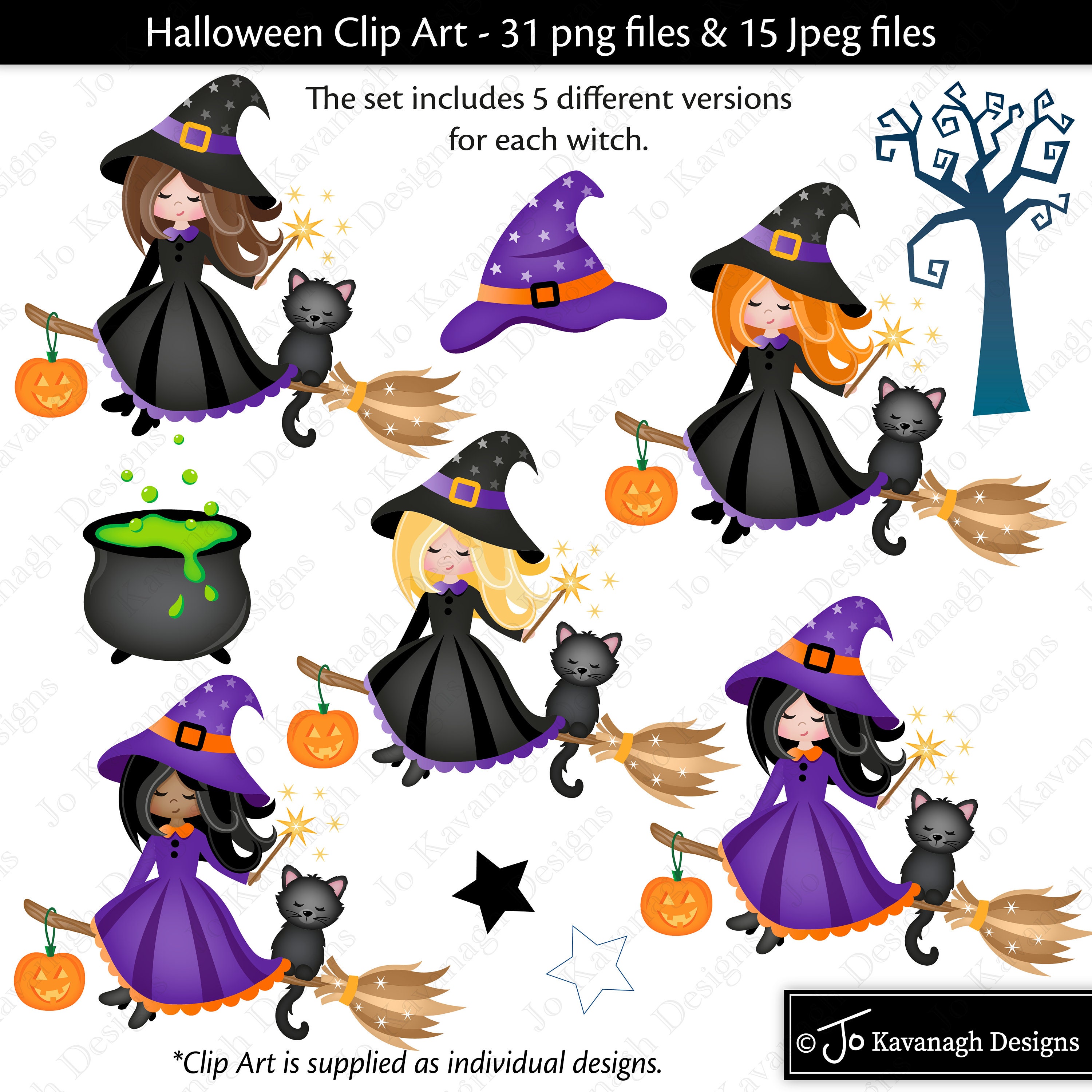 Halloween Witch Clipart Black Cat Illustrations Haunted - Etsy