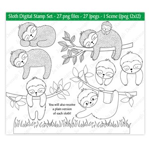 Sloth Digital Stamps, Cute Sloth Digital Stamps, Sleepy Sloths, Sloth ...