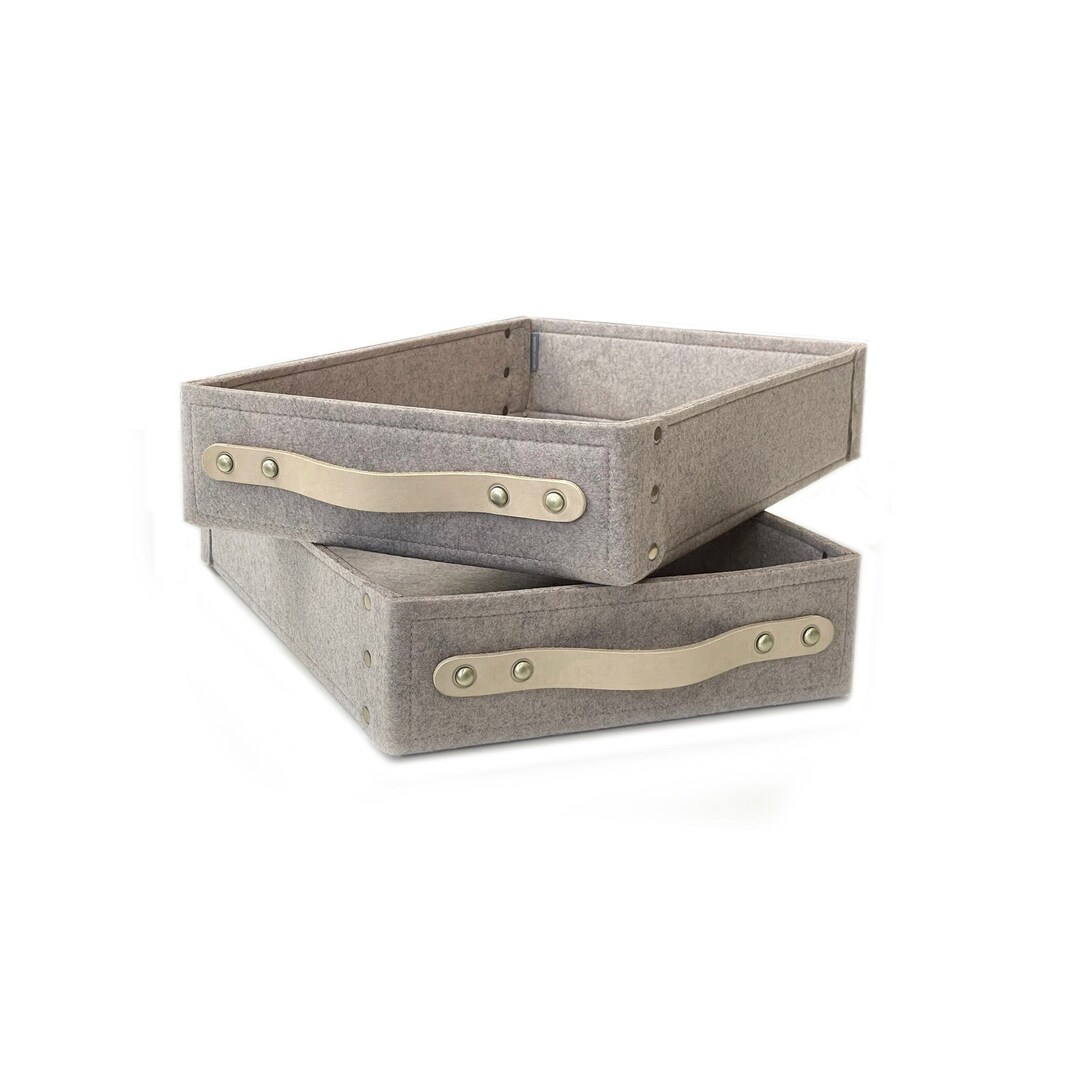 Drawer Box With a Leather Handle / Felt Storage Bin / Low Storage Box ...