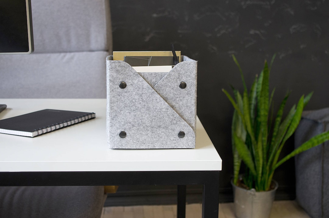 Collapsible Organizer Box With Metal Accents/ Felt Storage Bin/ Desktop ...