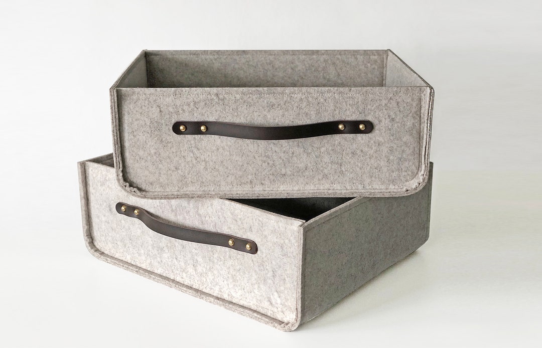 Large Storage Basket With Leather Handles / Felt Strong - Etsy