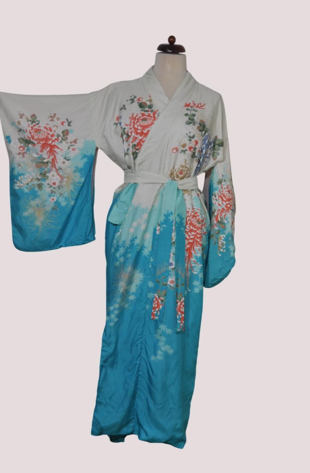 60s Silk Kimono, Traditional Japanese Robe, Floral Print Tie Belt ...