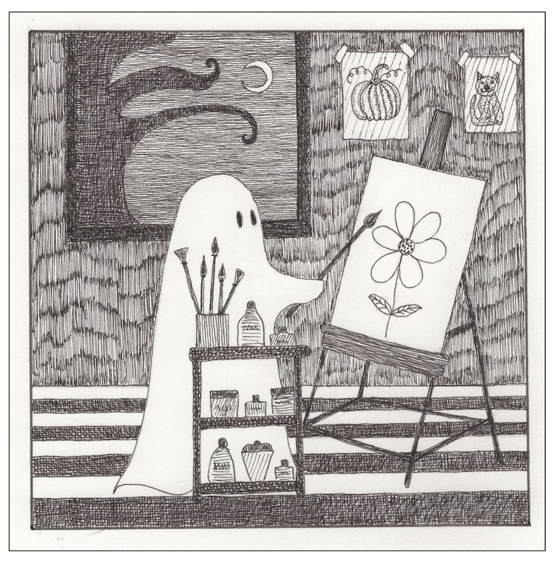 Ghost Artist Art Print, Whimsical, Pen and Ink Art, Black and White Art ...