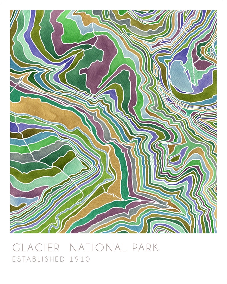 Glacier National Park Watercolor Print Topographic Map - Etsy