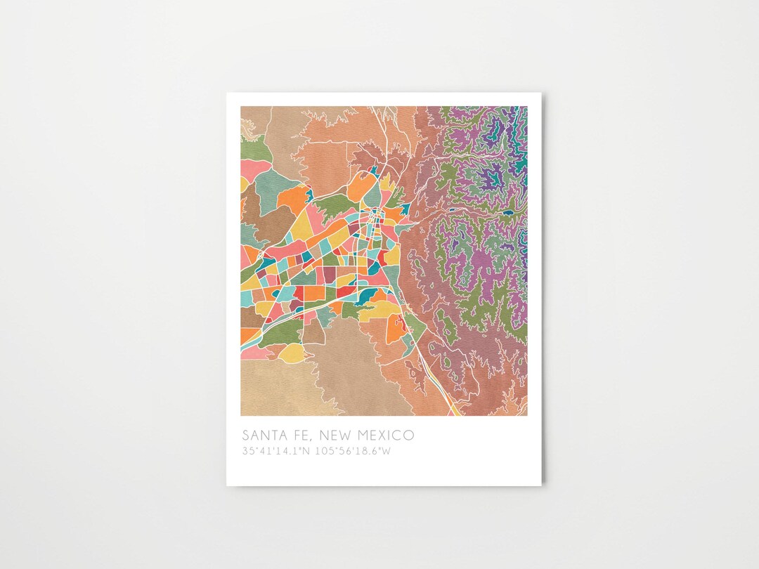 Santa Fe New Mexico Map, Watercolor Print, Topographic Map, New Mexico ...