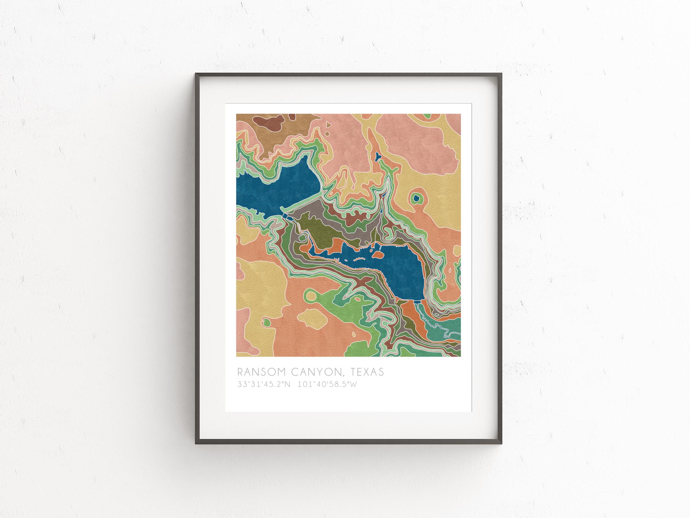 Ransom Canyon, Map Art, Watercolor Print, Topographic Map, Lake Map - Etsy
