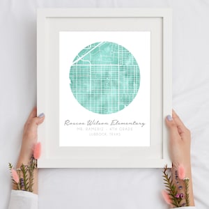 Personalized School Map, Teacher Gifts, Watercolor Print, Custom Map ...