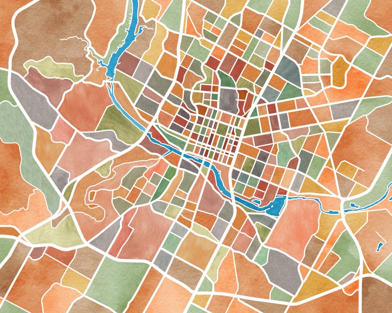 Austin Texas Map Art Watercolor Print Graduation Gift | Etsy