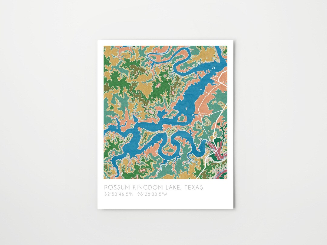 Possum Kingdom Lake, Map Art, Watercolor Print, Topographic Map, Lake ...
