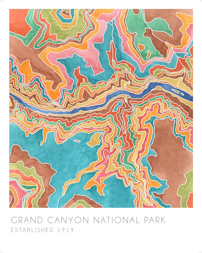 Grand Canyon National Park Map Watercolor Print Topographic - Etsy