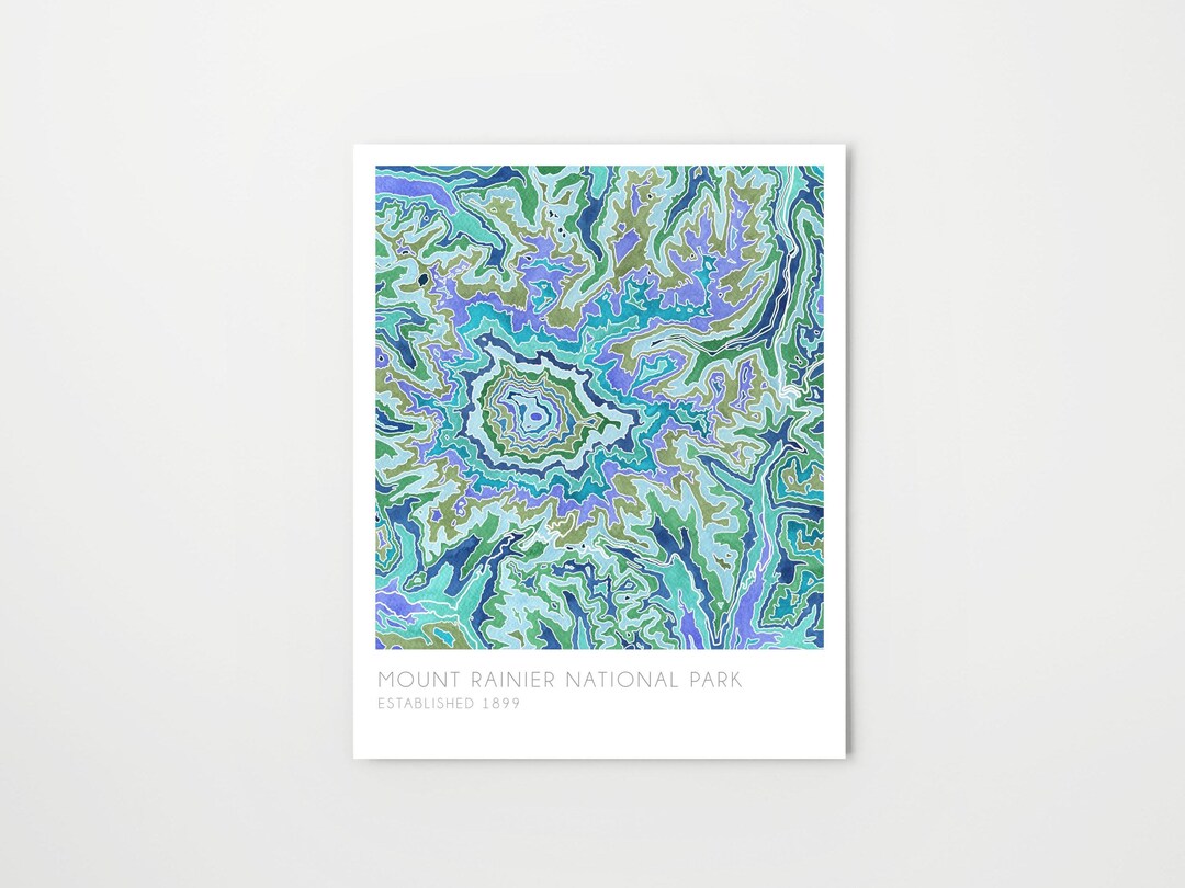 Mount Rainier National Park, Watercolor Print, Topographic Map, Mt ...