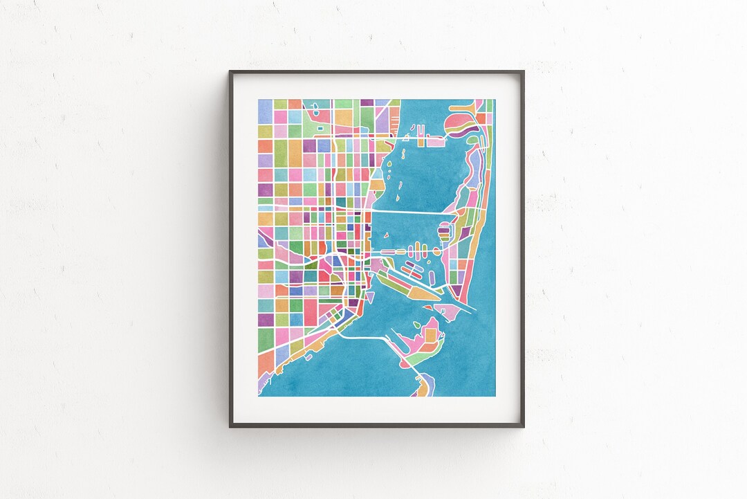 Miami Map Art, Watercolor Print, Miami Beach, Florida Map - Etsy