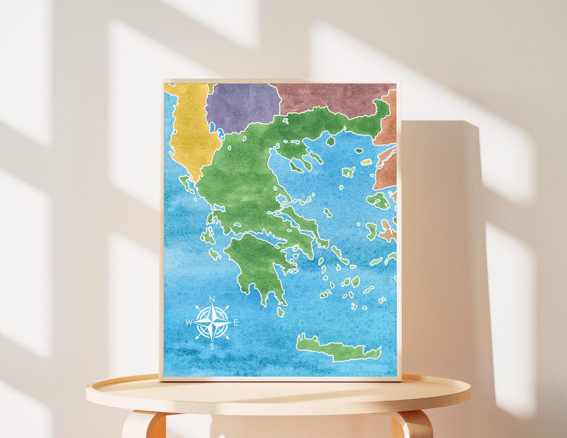 Greece Map, Watercolor Print - Etsy