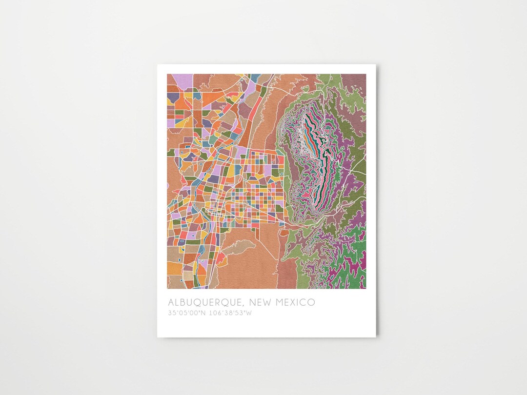 Albuquerque New Mexico Map, Handpainted Watercolor Print, Topographic ...
