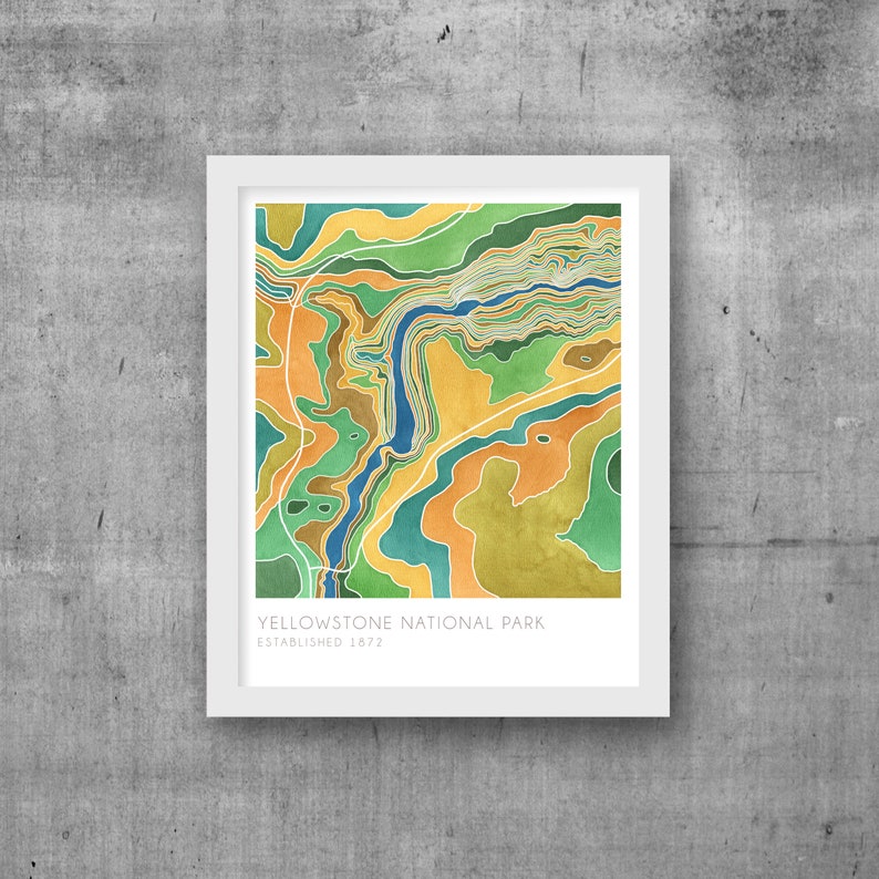 Yellowstone National Park Map Watercolor Print Topographic - Etsy