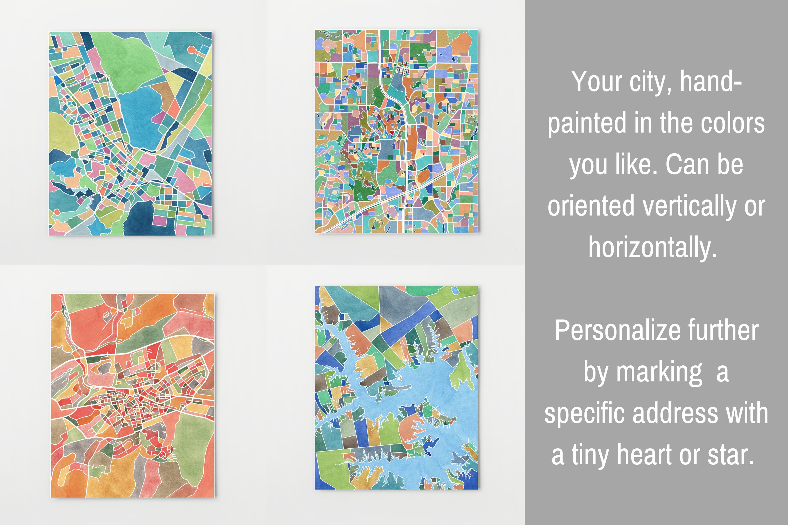 Custom City Map, Watercolor Painting, Hand Painted, Personalized Gift ...