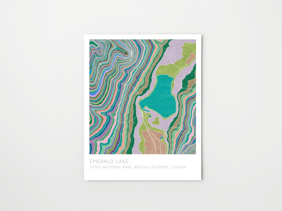 Emerald Lake Map, Yoho National Park, Watercolor Print, Topographic Map ...
