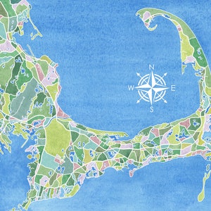 Cape Cod Map, Watercolor Print, Massachusetts Prints, Nautical Decor ...