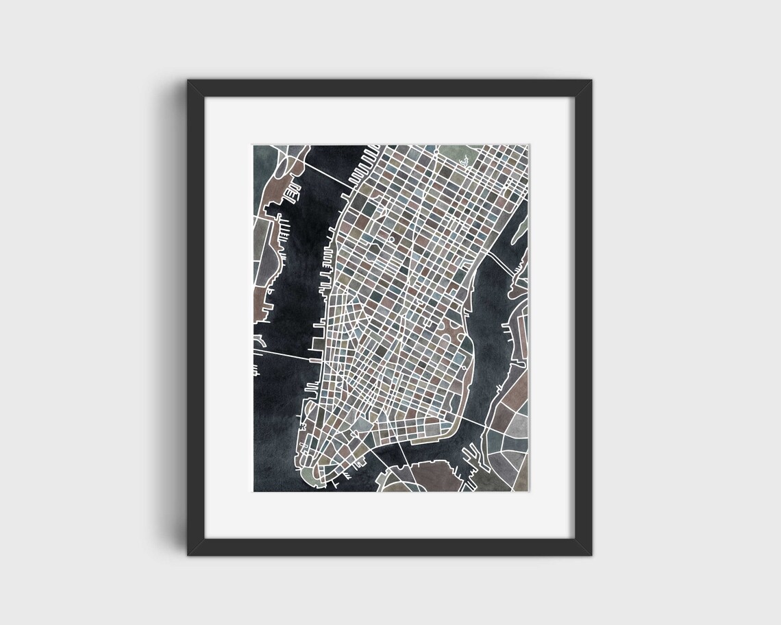 New York City map art watercolor print Manhattan map New | Etsy