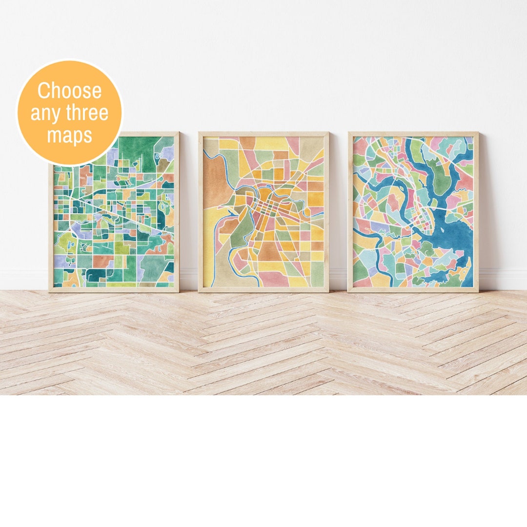 Set of 3 Watercolor Prints Three Maps City Maps 3 Piece - Etsy