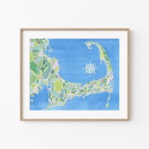 Cape Cod Map, Watercolor Print, Massachusetts Prints, Nautical Decor ...