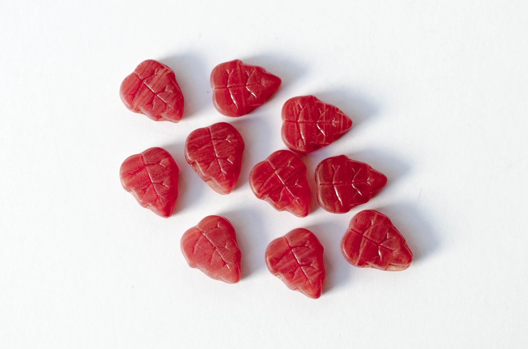 10x13mm Matte Raspberry Red Czech Glass Beads - Carved Flat Leaves - 10 ...