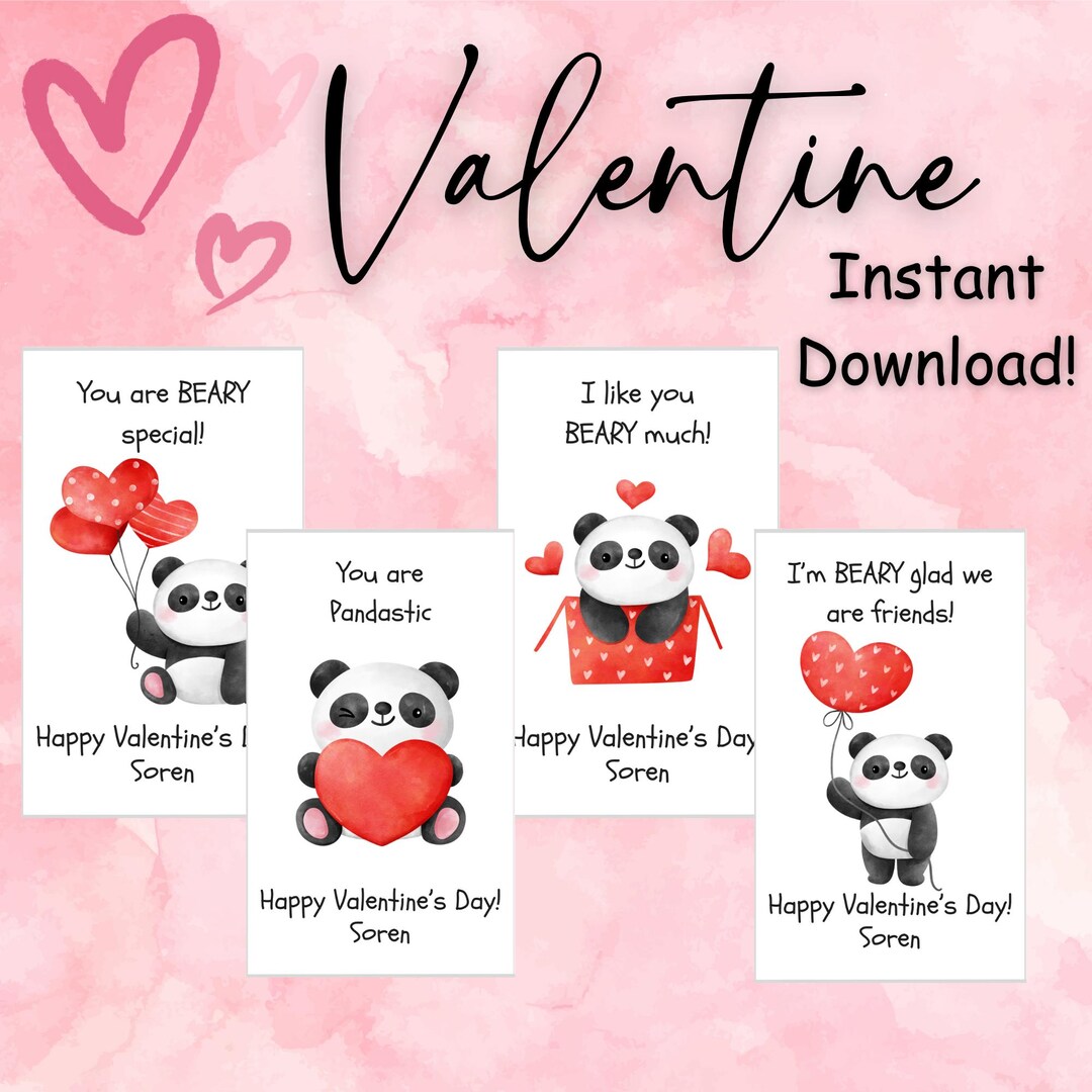 Printable Panda Valentine Cards for Kids, Printable School Valentine ...