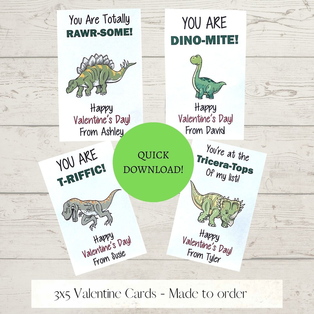 Printable Dinosaur Valentine Cards for Kids, Made to Order, Printable ...