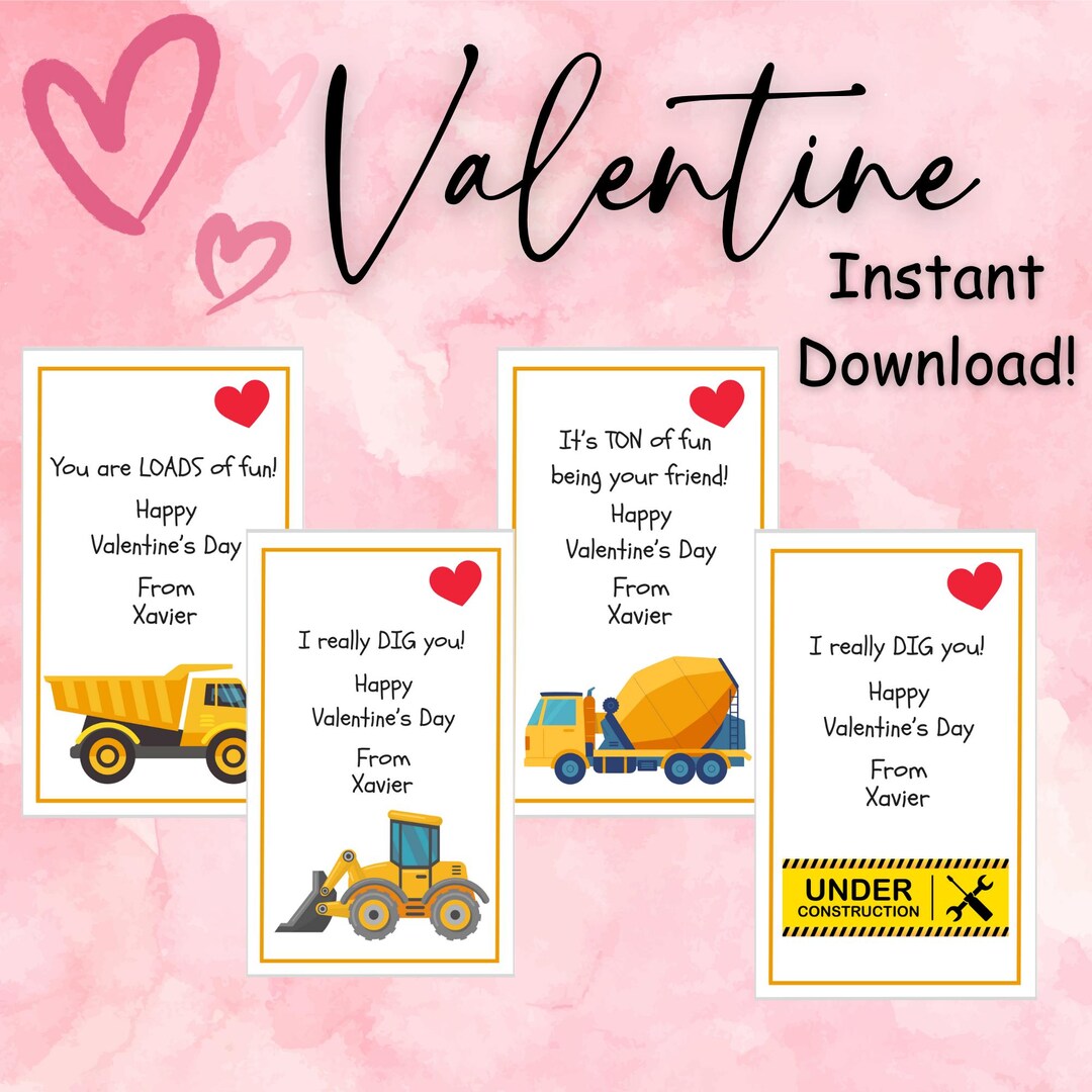 Printable Construction Trucks Valentine Cards for Kids, Editable Cards ...