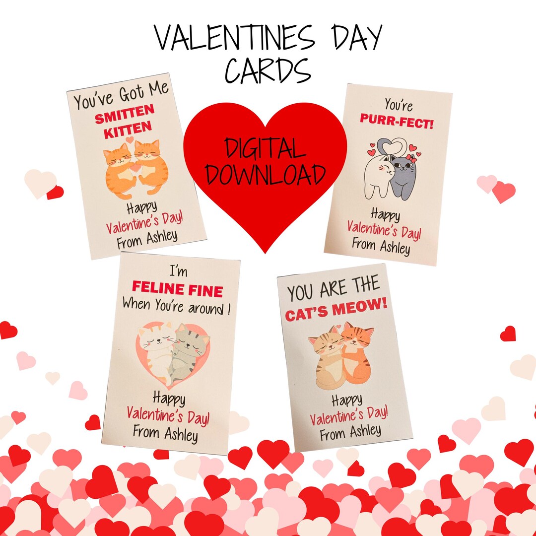 Printable Cat Valentine Cards for Kids, Made to Order, Printable School ...