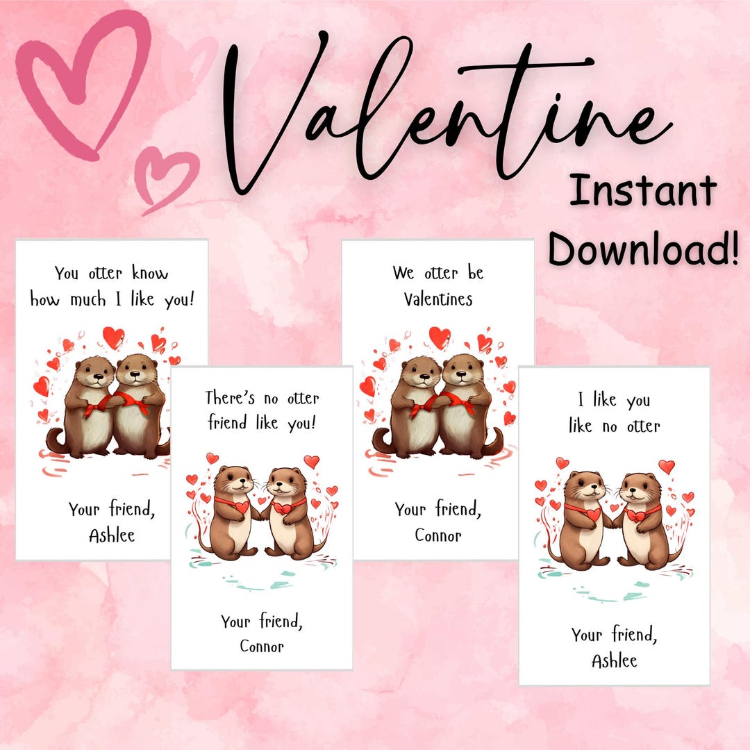 Printable Otter Valentine Cards for Kids: Set of 4 (editable, Digital ...