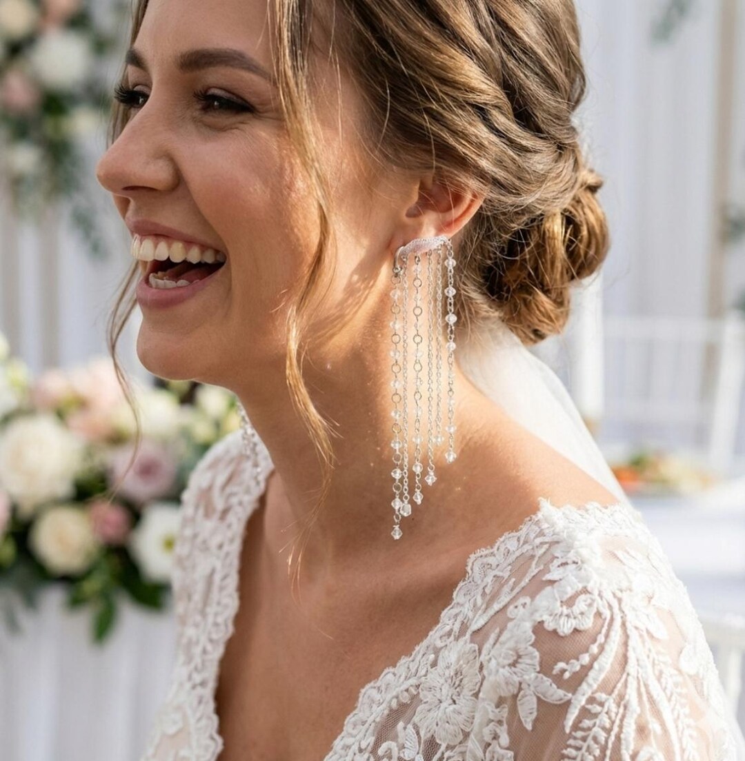 Bridal Ear Cuff No Piercing, White Beaded Chain Earring, Statement ...