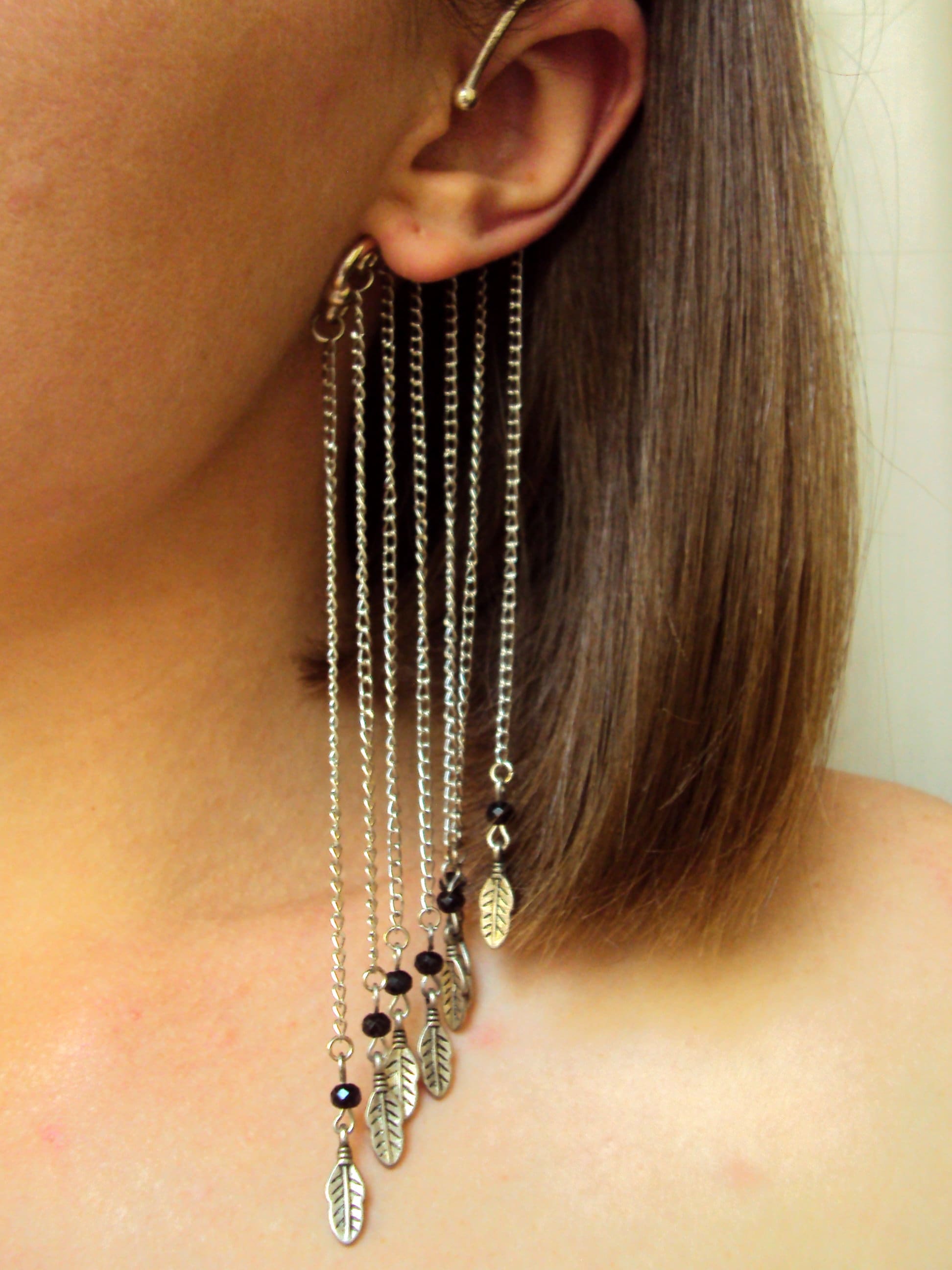 Silver Chain Earcuff, Feather Non Pierced Earrings, Long Chain Ear Cuff ...